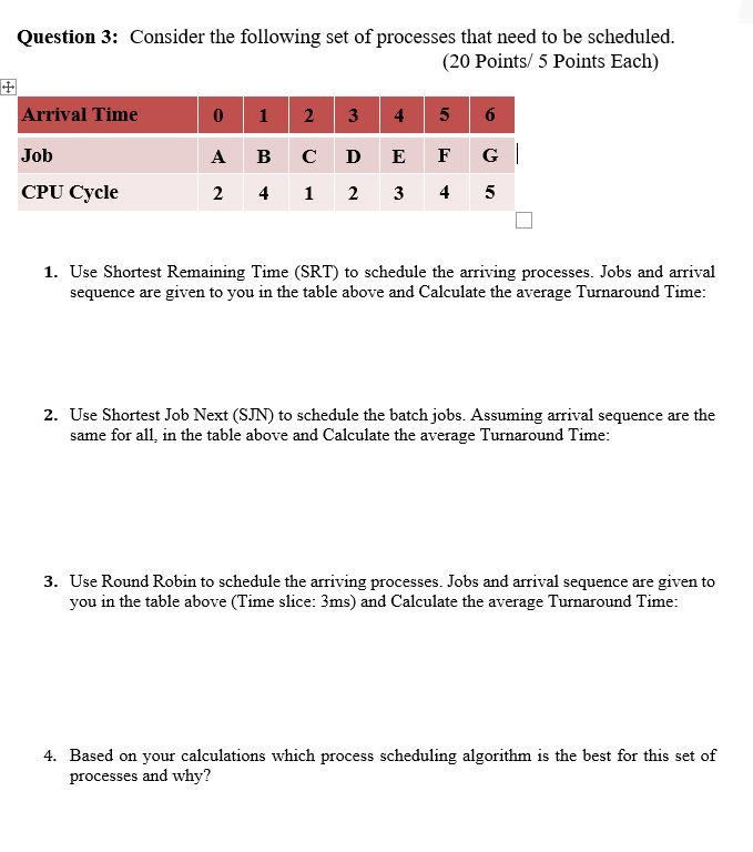 Solved Question 3: Consider the following set of processes | Chegg.com