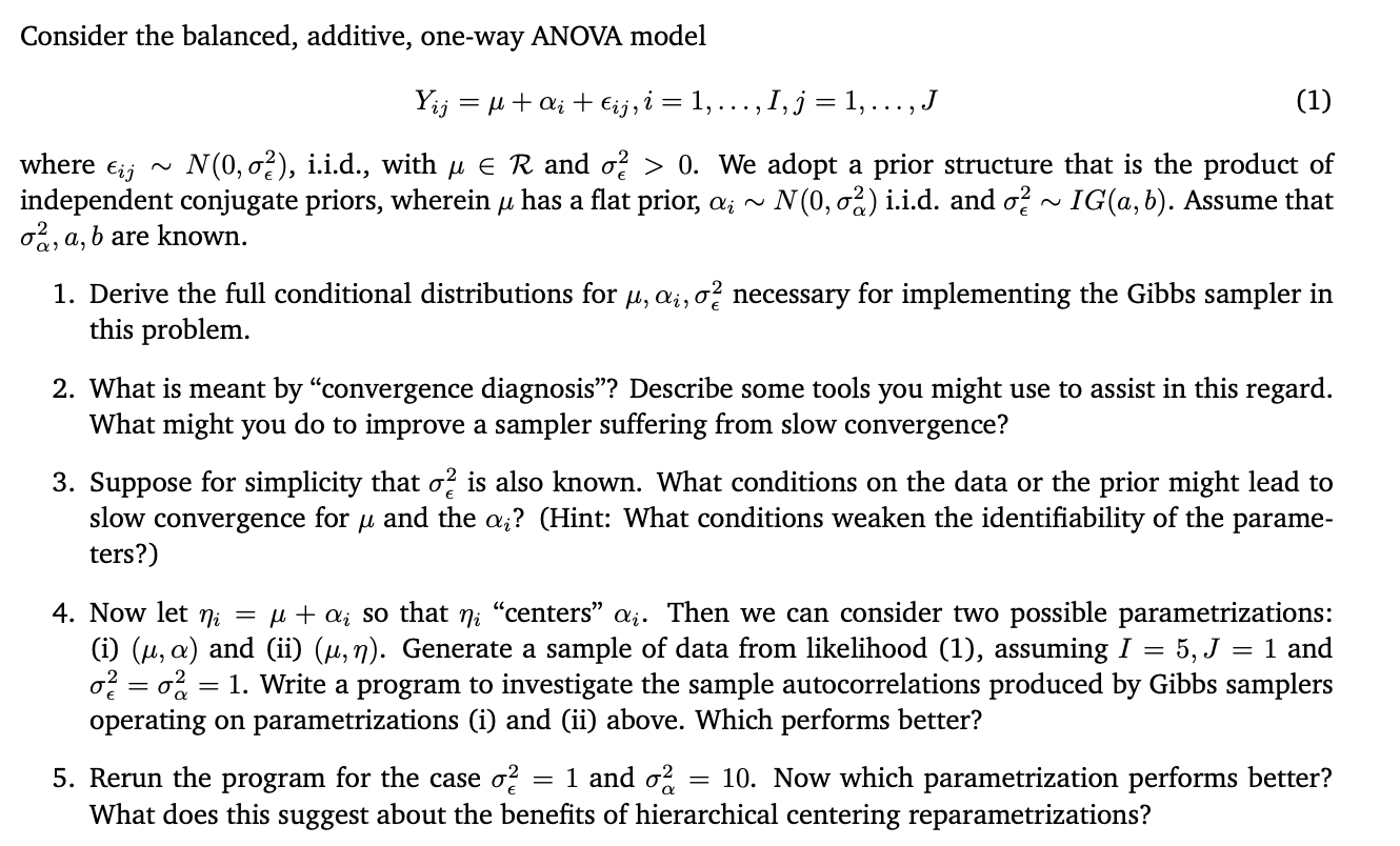 Consider the balanced, additive, one-way ANOVA model | Chegg.com