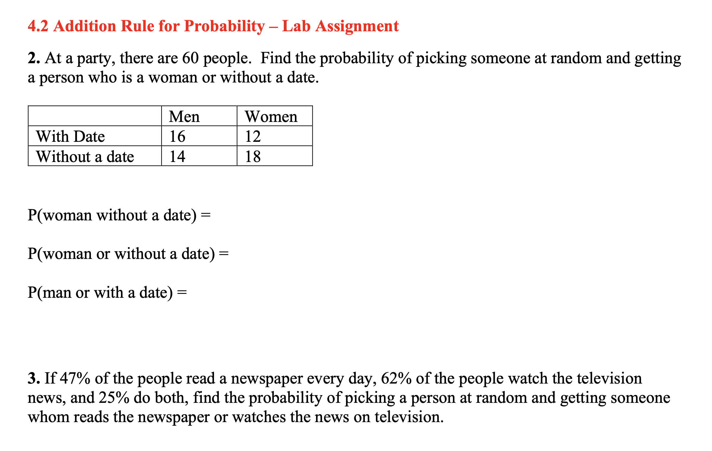 Solved 4.2 Addition Rule for Probability - Lab Assignment 2. | Chegg.com