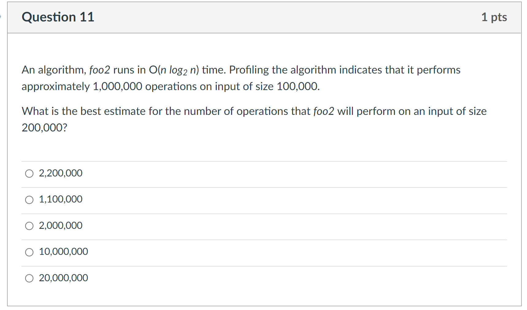 Solved Question 11 1 pts An algorithm, foo2 runs in O(n log2 | Chegg.com