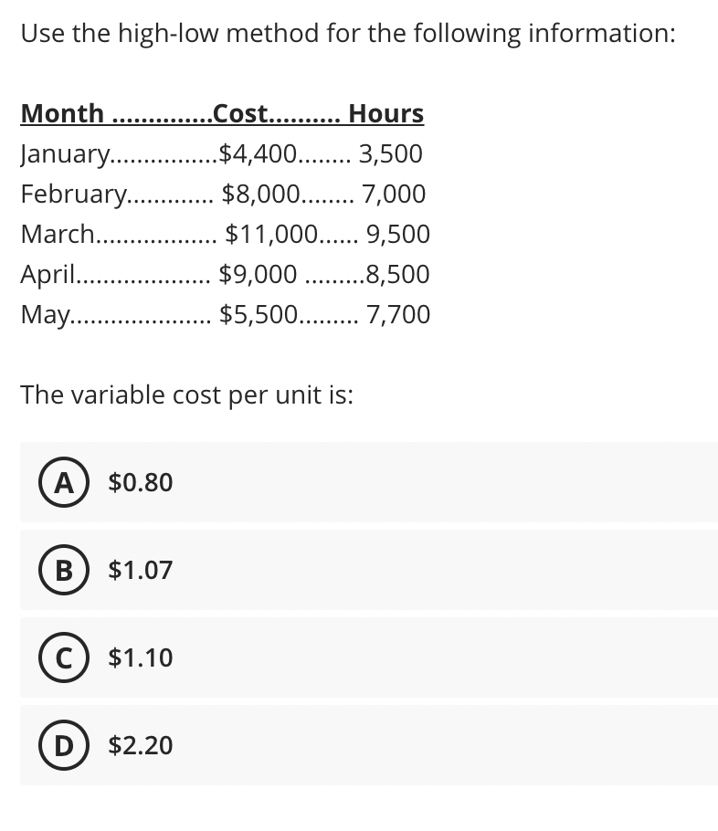 Solved Use the high-low method for the following | Chegg.com