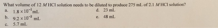 Solved What volume of 12 M HCl solution needs to be diluted | Chegg.com