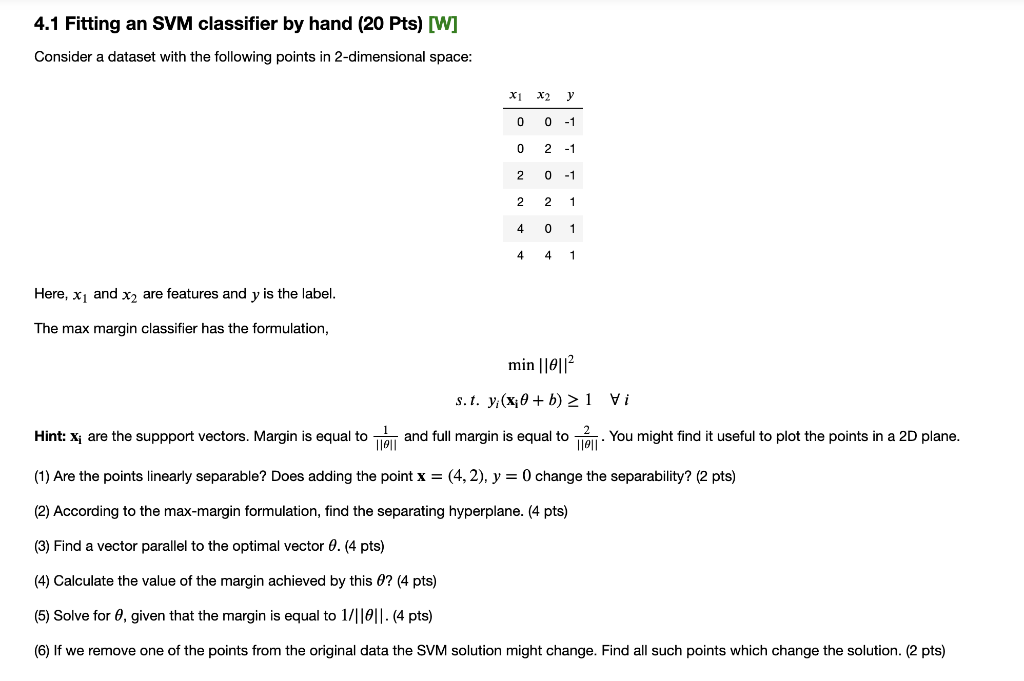 4.1 Fitting an SVM classifier by hand (20 pts) [W] | Chegg.com