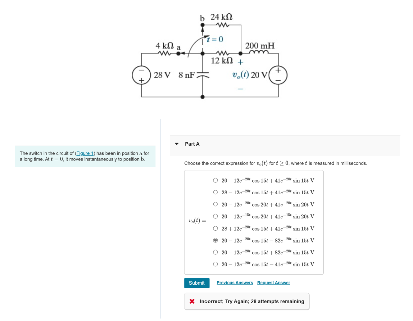 Solved The switch in the circuit of (Figure 1) ﻿has been in | Chegg.com