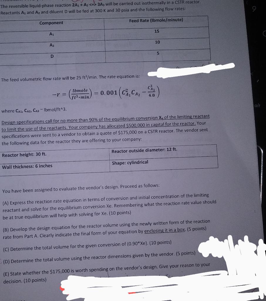 Solved The reversible liquid-phase reaction 2A, + Az 3A, | Chegg.com