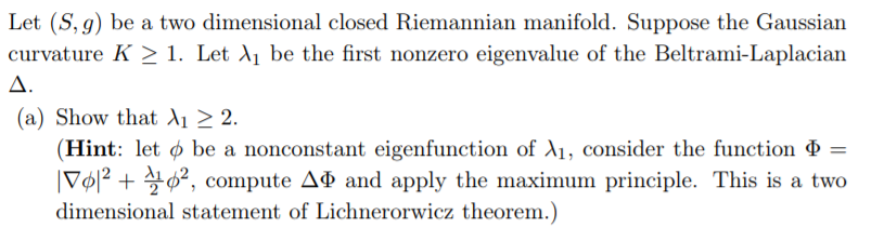 Solved Let (S,g) be a two dimensional closed Riemannian | Chegg.com