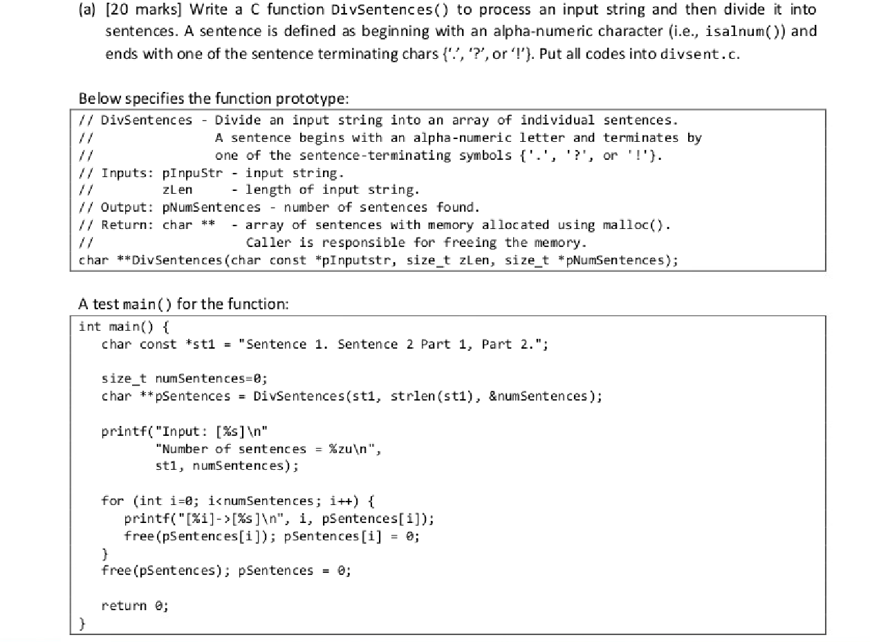 (a) [20 marks] Write a C function Divsentences() to | Chegg.com