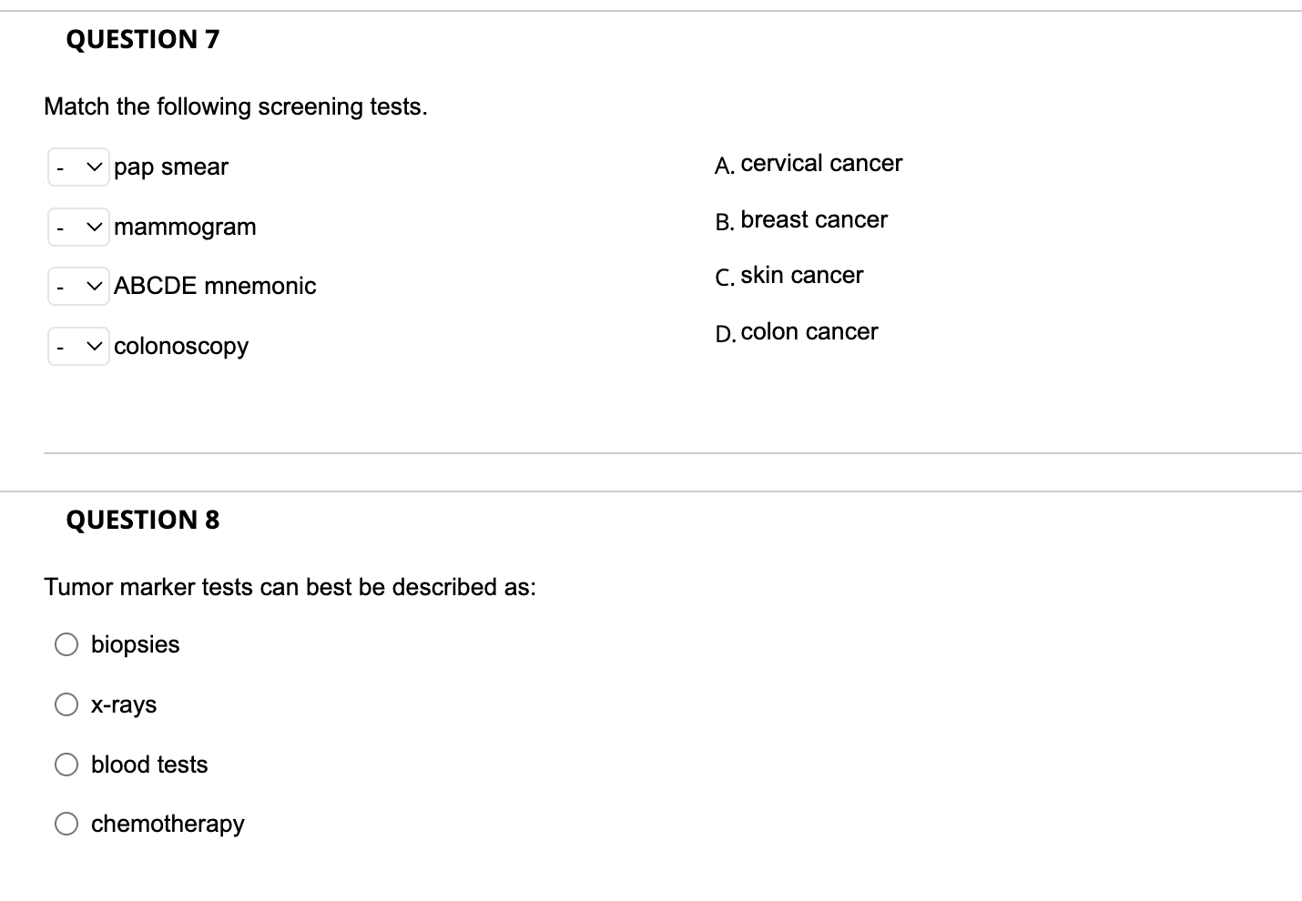 Solved QUESTION 7 Match the following screening tests. v pap | Chegg.com