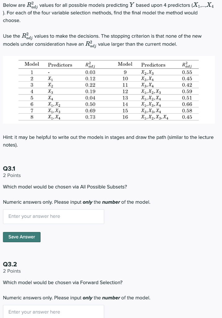 Solved Which model would be chosen via All Possible Subsets? | Chegg.com