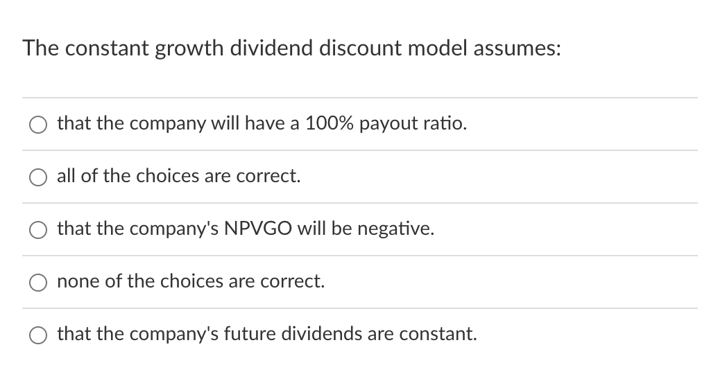 Solved The constant growth dividend discount model assumes: | Chegg.com