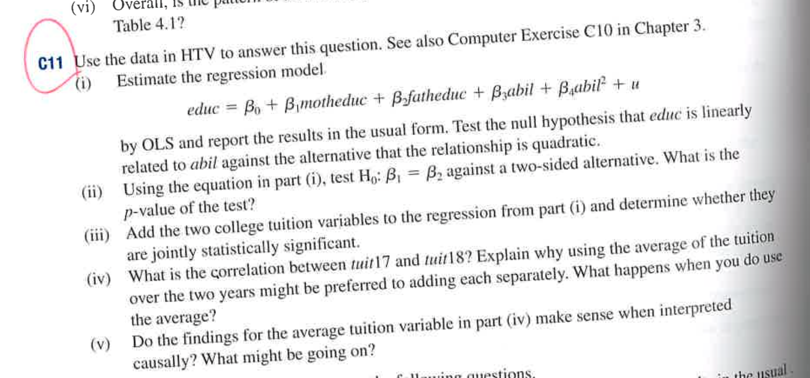 (vi) Table 4.12 C11 Use the data in HTV to answer | Chegg.com