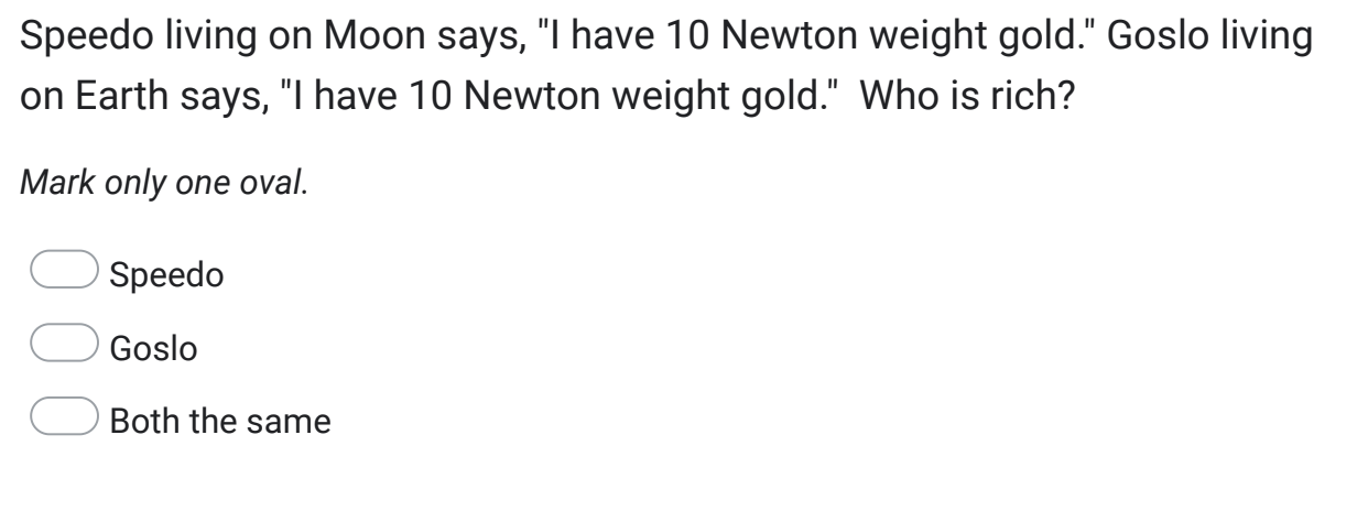 Solved Speedo living on Moon says, "I have 10 ﻿Newton weight | Chegg.com