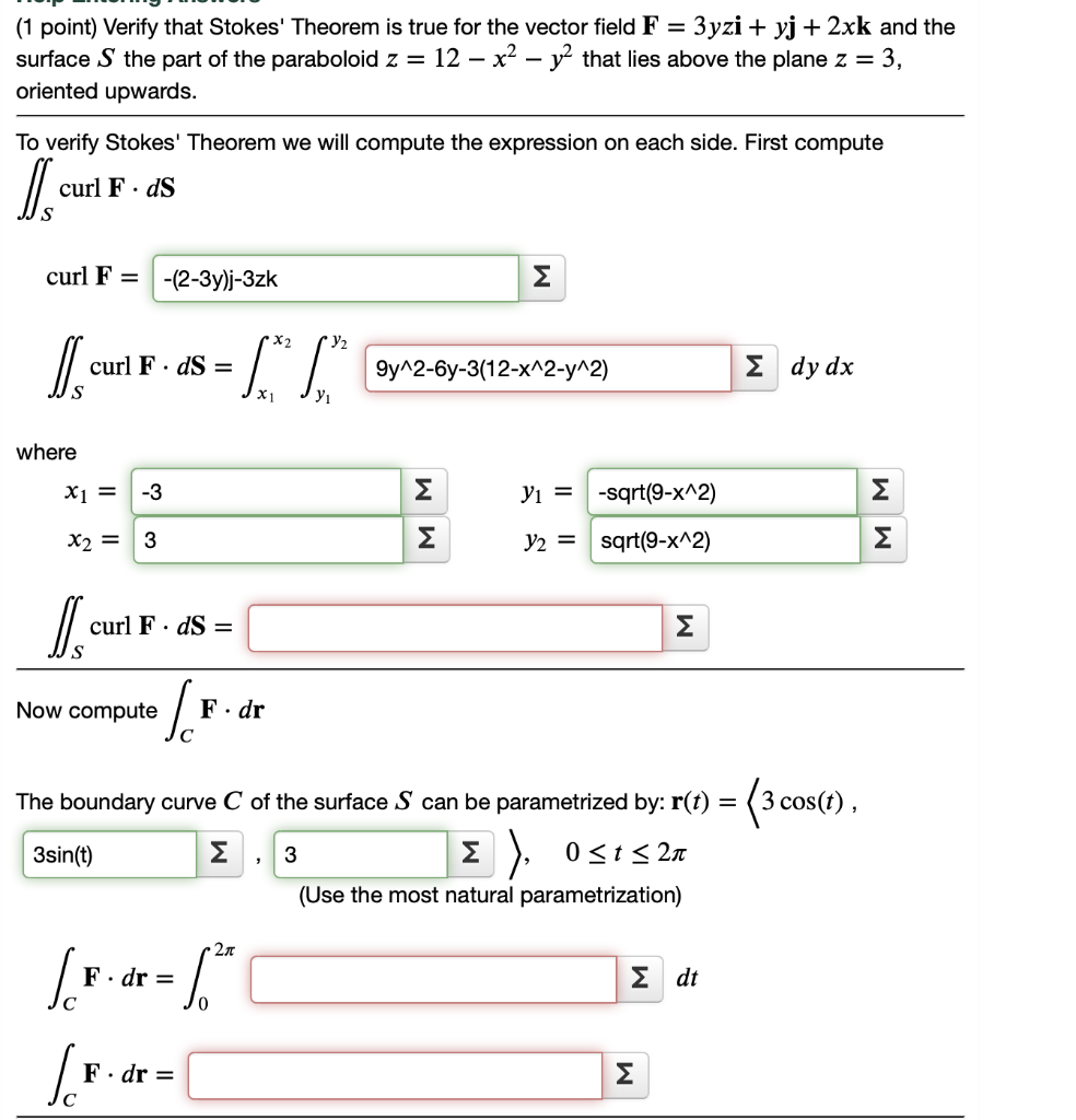Solved (1 point) Verify that Stokes' Theorem is true for the | Chegg.com