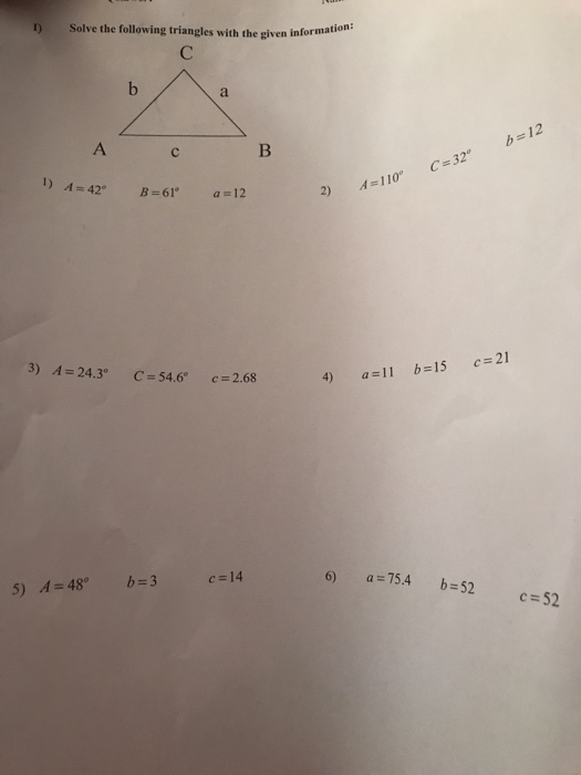 Solved r) Solve the following triangles with the given infor | Chegg.com