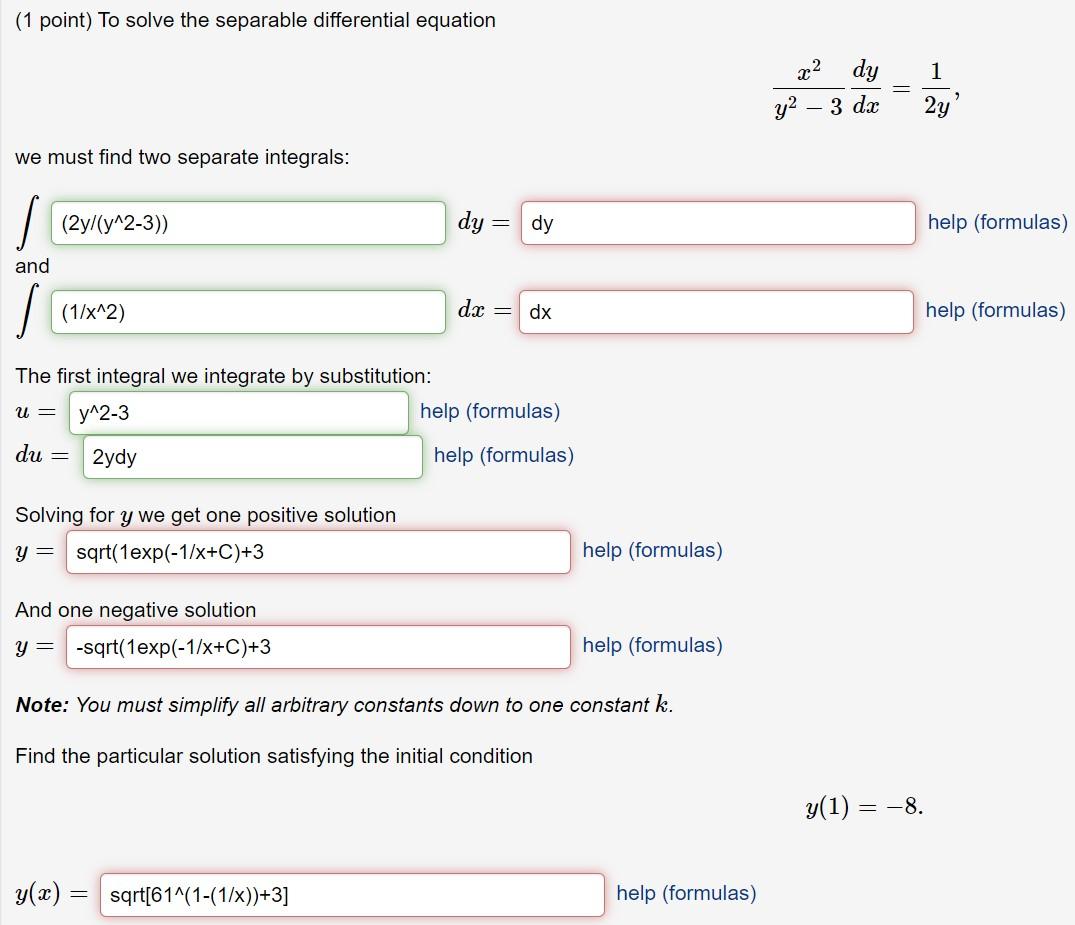 Solved (1 point) To solve the separable differential | Chegg.com