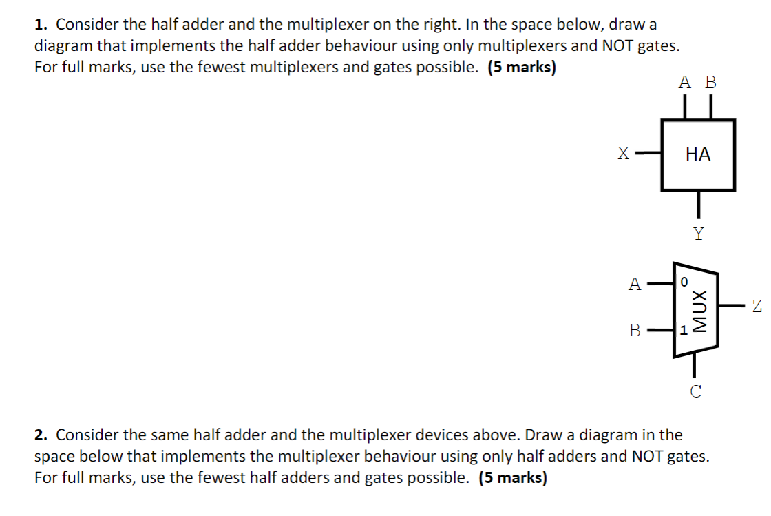 Solved 1. Consider the half adder and the multiplexer on the | Chegg.com
