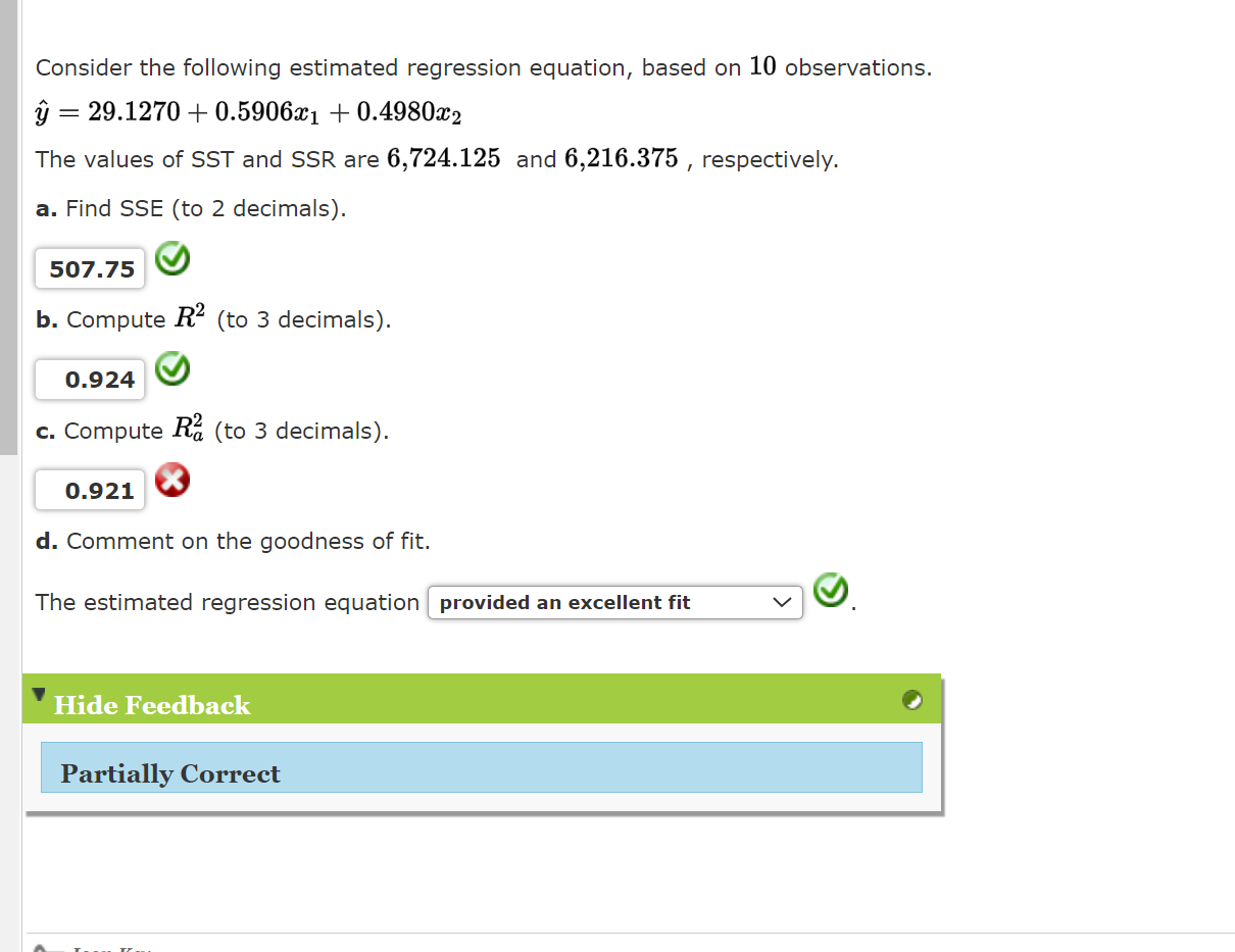 Solved y^=29.1270+0.5906x1+0.4980x2 The values of SST and | Chegg.com