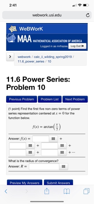 2:41 webwork.usi.edu WeBWork MATHEMATICAL ASSOCIATION | Chegg.com