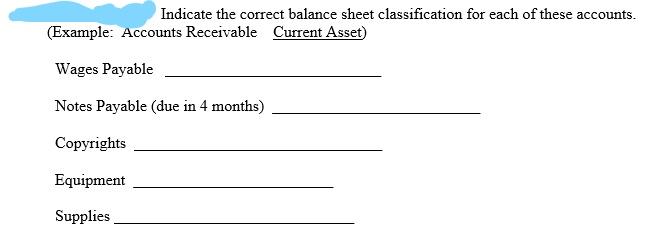 Solved Indicate the correct balance sheet classification for | Chegg.com