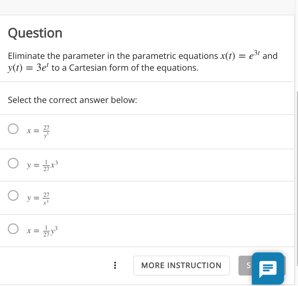 Solved Question Eliminate the parameter in the parametric | Chegg.com