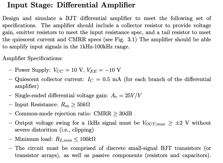 Solved Input Stage: Differential Amplifier Design and | Chegg.com