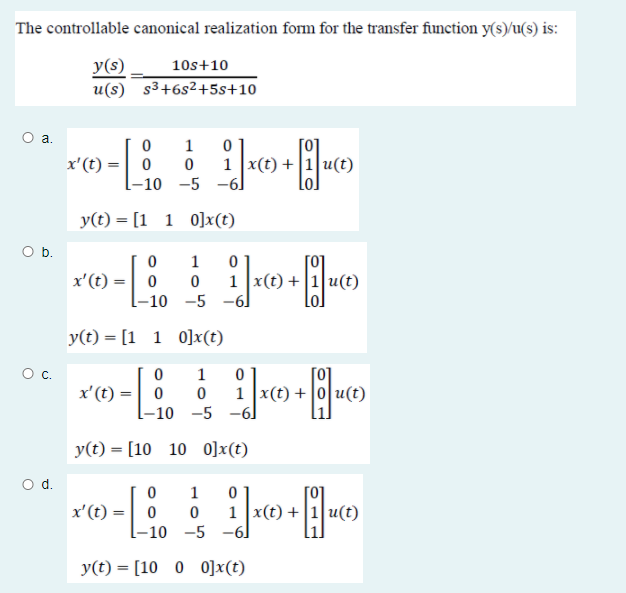Solved The controllable canonical realization form for the | Chegg.com