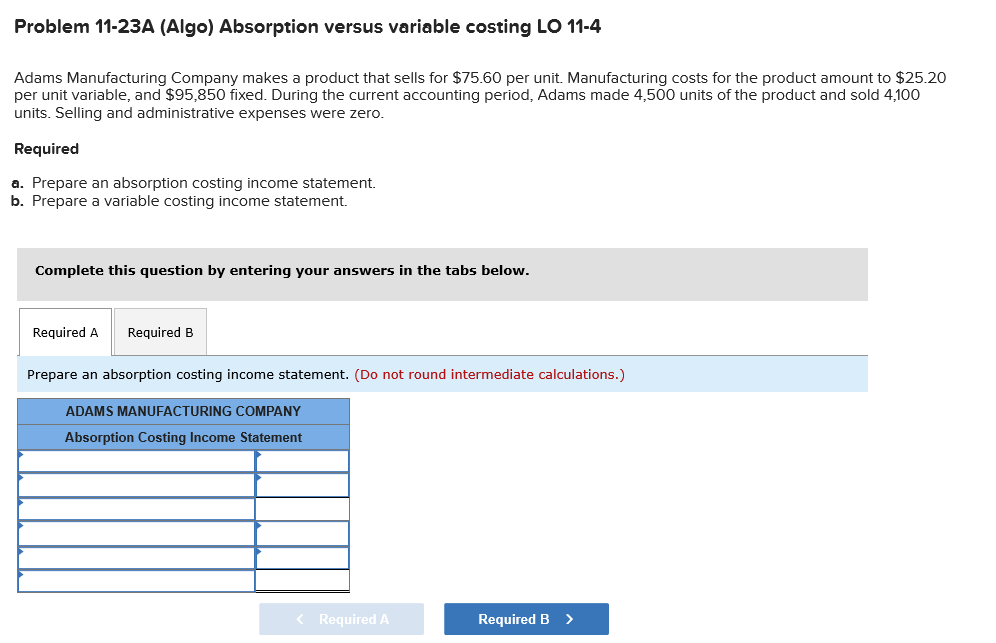 Solved Problem 11-23A (Algo) Absorption versus variable | Chegg.com