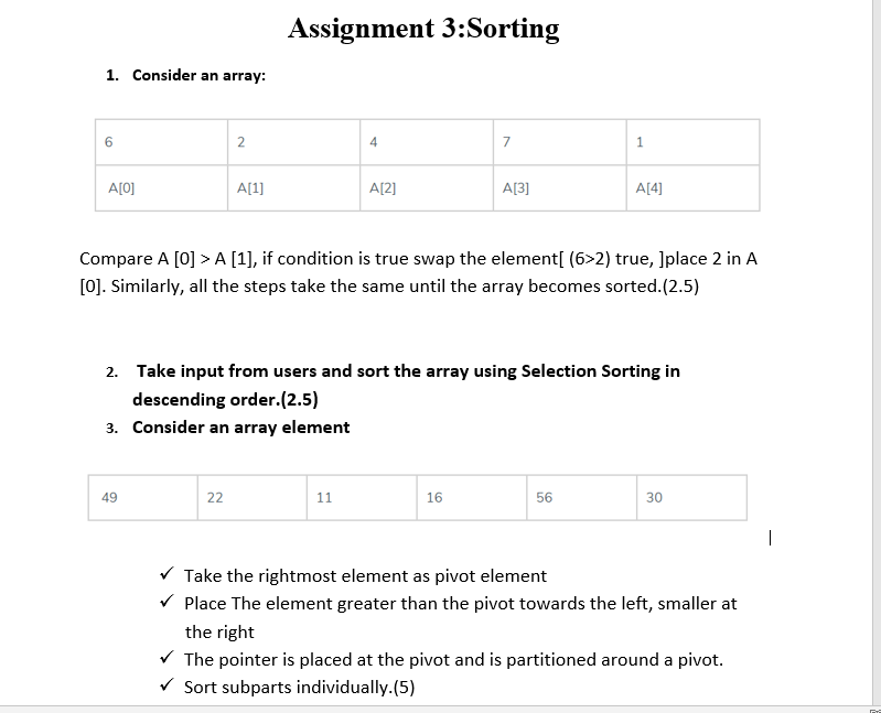 Solved Assignment 3:Sorting 1. Consider an array: 6 2 7 A[O] | Chegg.com