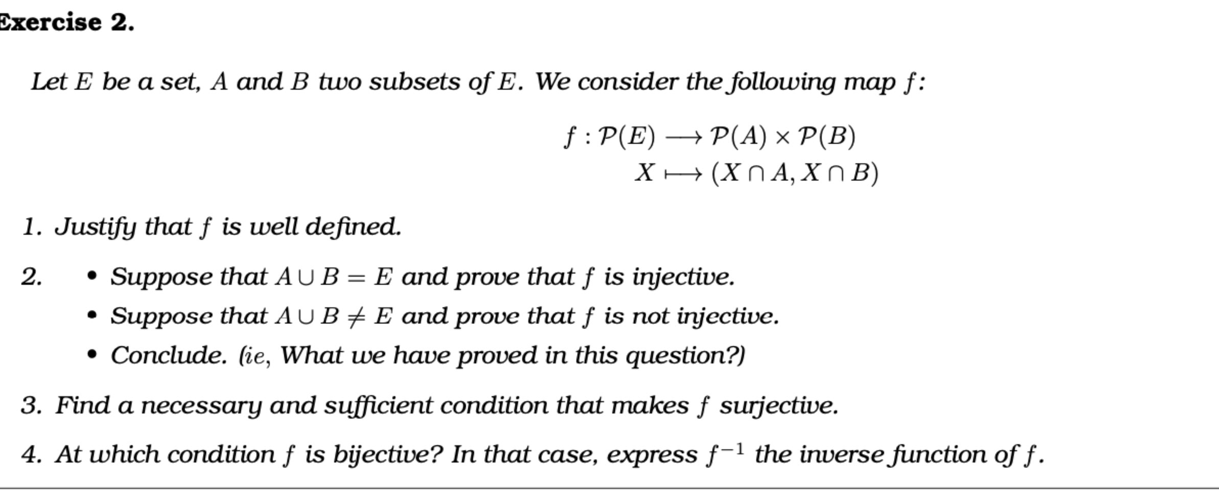 Solved Exercise 2.Let E ﻿be a set, A and B ﻿two subsets of | Chegg.com