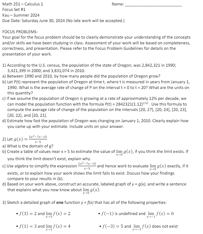 Solved Math 251 - ﻿Calculus 1Name:Focus Set #1Kau - ﻿Summer | Chegg.com