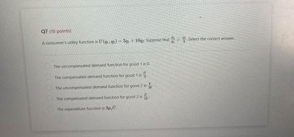 Solved A consumet's utility function is U(q1,ϕ2)=2σ1+10q2. | Chegg.com