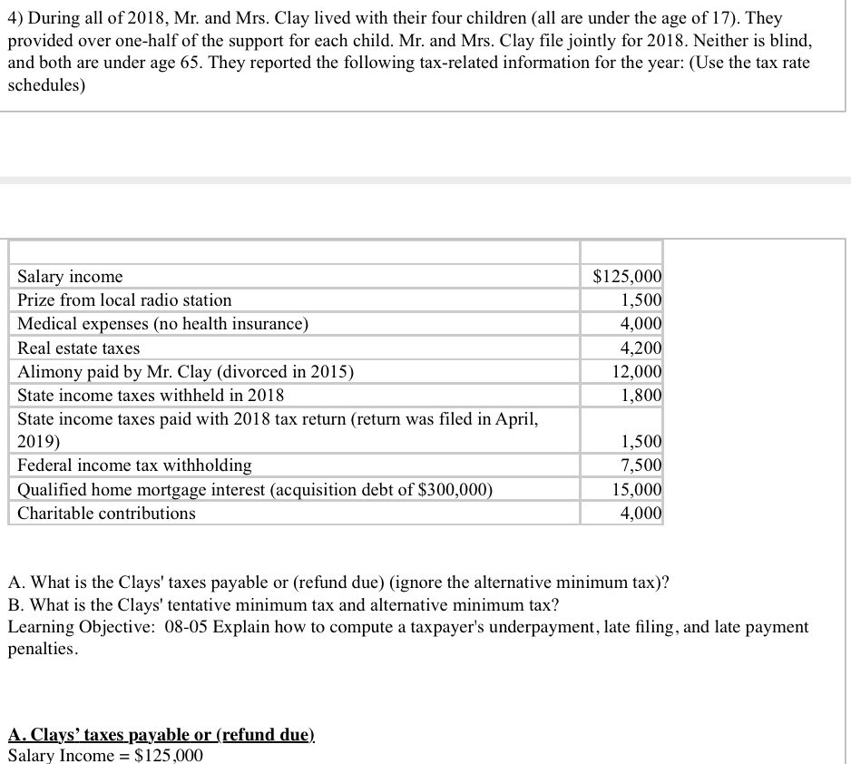 Solved 4) During all of 2018, Mr. and Mrs. Clay lived with | Chegg.com