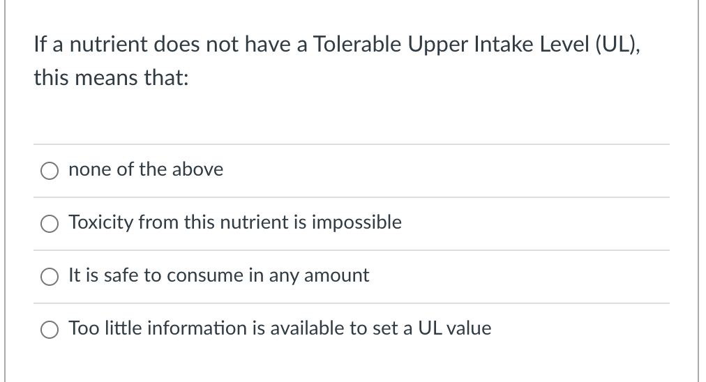 Solved If a nutrient does not have a Tolerable Upper Intake | Chegg.com
