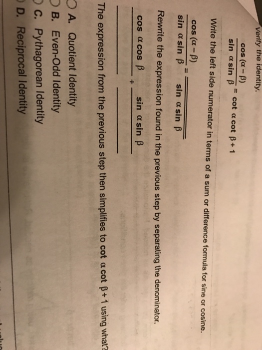 Solved Verify the identity. cos (alpha - beta)/sin alpha | Chegg.com