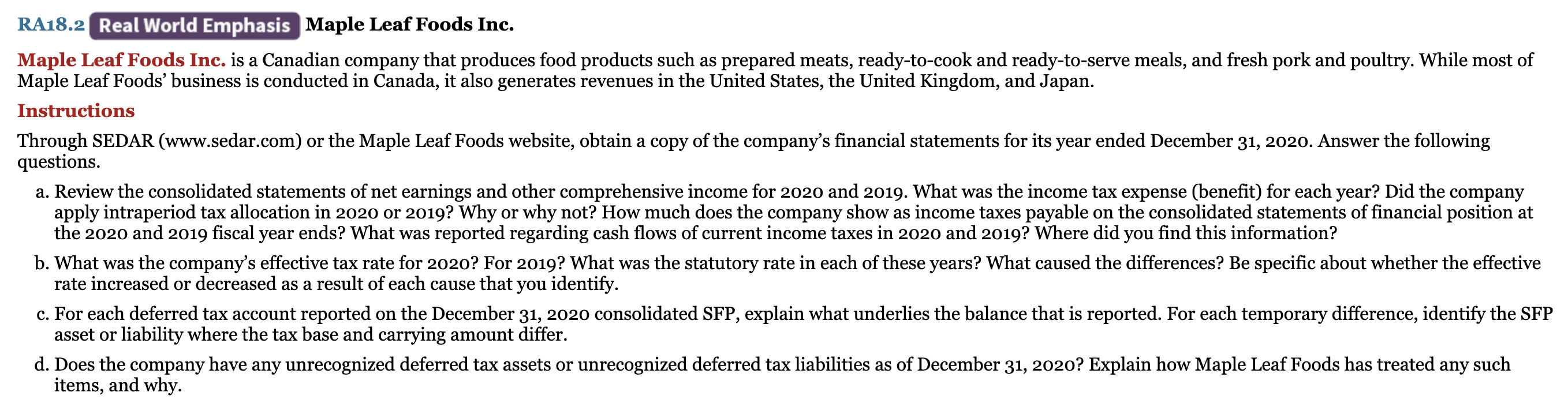 Solved RA18.2 ﻿Real World Emphasis Maple Leaf Foods | Chegg.com