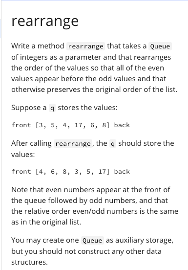 Solved rearrange Write a method rearrange that takes a Queue | Chegg.com