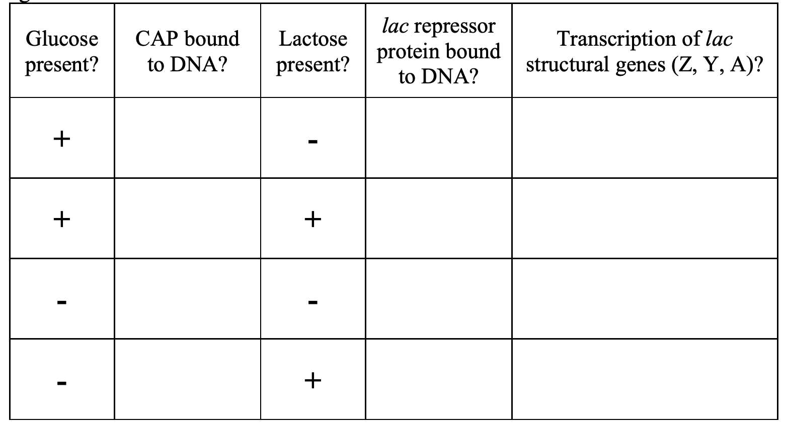 Solved lac repressor Glucose present? CAP bound to DNA? | Chegg.com