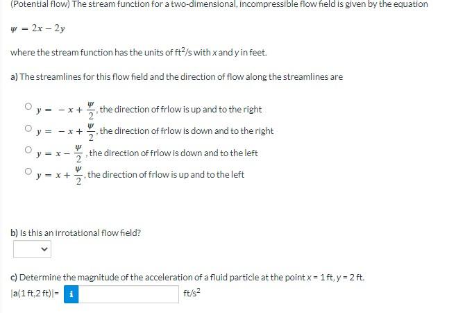 Solved (Potentlal flow) The stream function for a | Chegg.com
