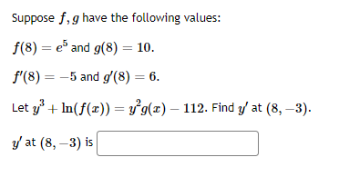 Solved Suppose f,g have the following values: f(8)=e5 and | Chegg.com