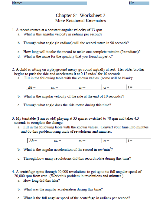 Solved Name: Hr: Chapter 8: Worksheet 2 More Rotational | Chegg.com
