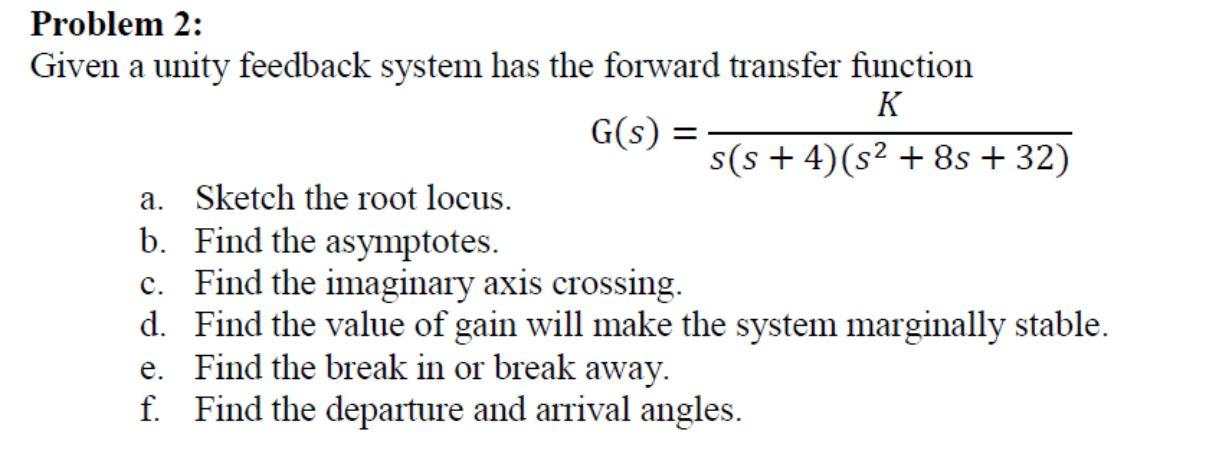 Solved Problem 2: Given a unity feedback system has the | Chegg.com