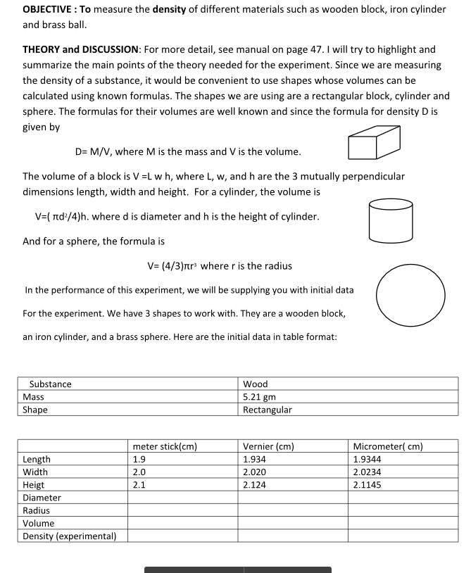 Solved OBJECTIVE: To measure the density of different | Chegg.com