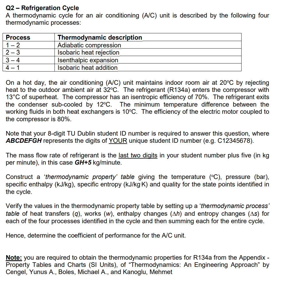 Q2 - Refrigeration Cycle A thermodynamic cycle for an | Chegg.com