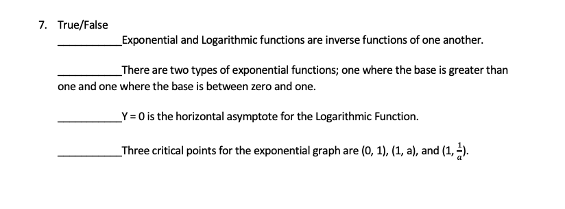 Solved 7. True/False Exponential and Logarithmic functions | Chegg.com