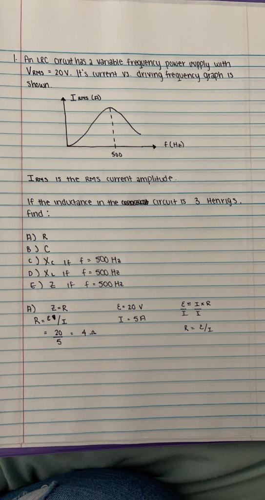 Solved 1. An LRC arwit has a variable frequency power uupply | Chegg.com