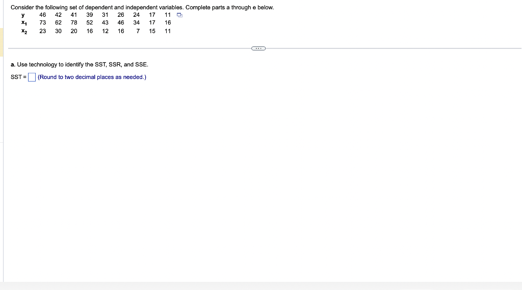 Solved a. Use technology to identify the SST, SSR, and SSE. | Chegg.com