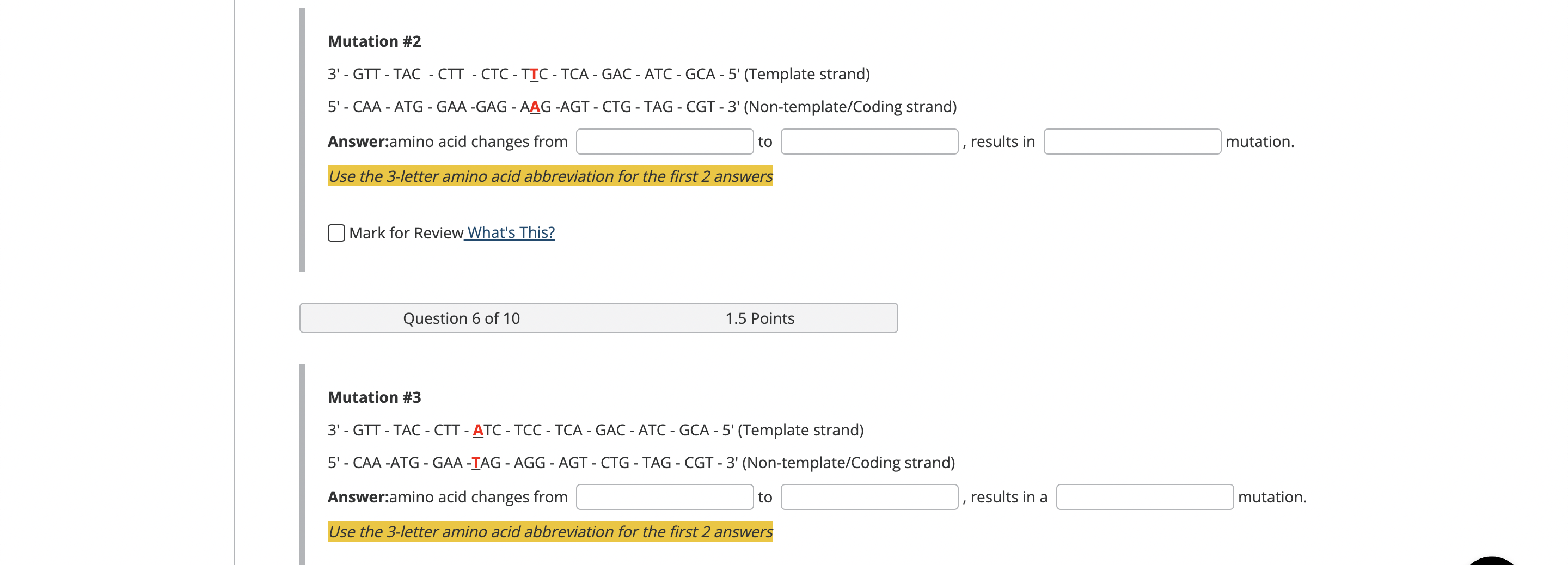 Solved Mutation \#2 3' - GTT - TAC - CTT - CTC - TIC - TCA - | Chegg.com