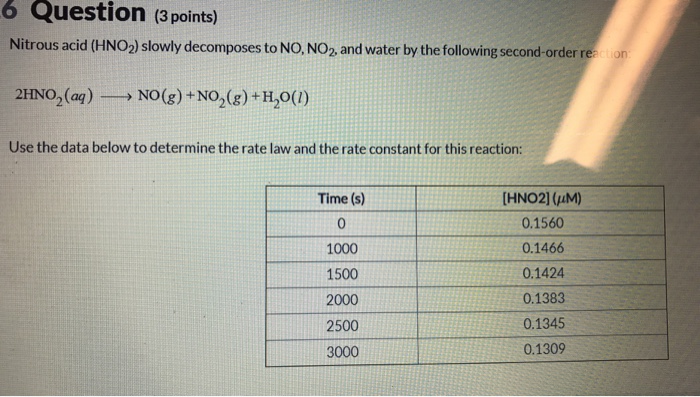 Solved 6 Question (3 points) Nitrous acid (HNO2) slowly | Chegg.com