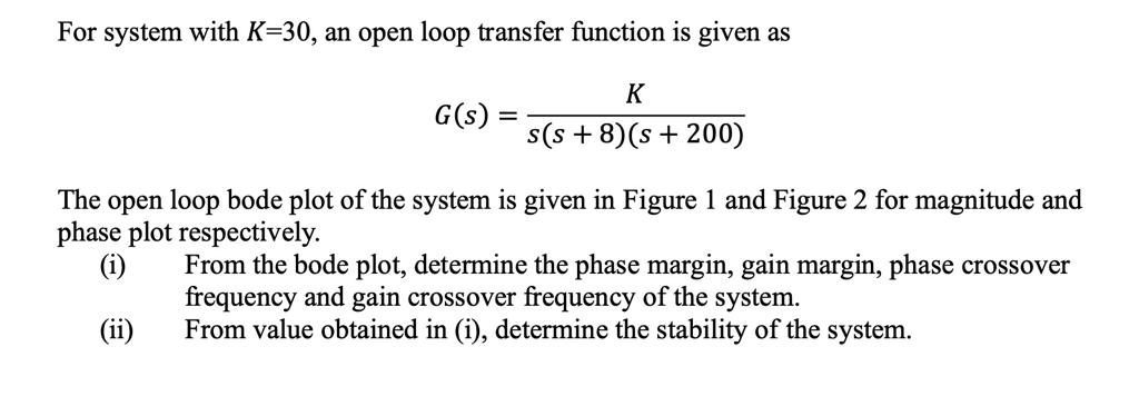 Solved For system with K=30, an open loop transfer function | Chegg.com