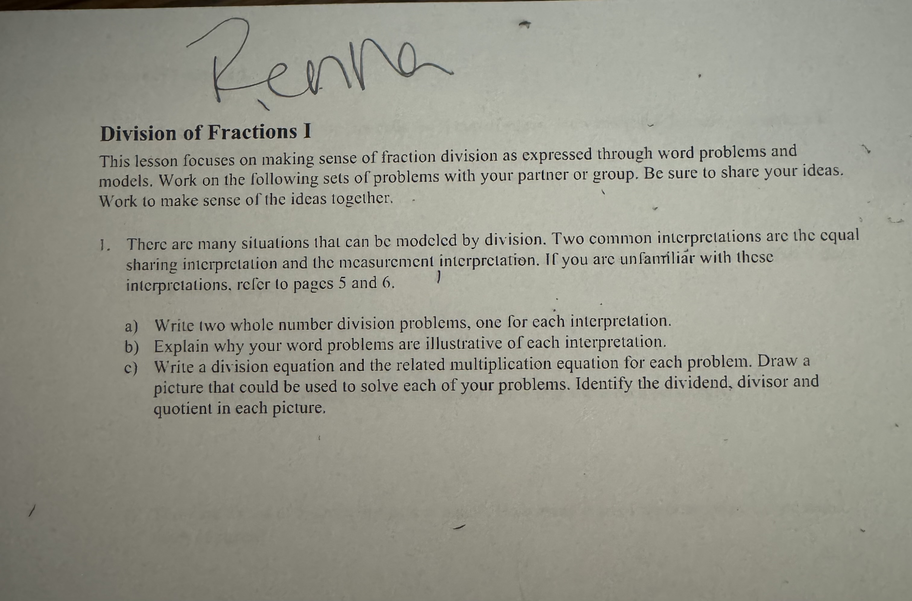 Solved Division of Fractions I This lesson focuses on making | Chegg.com